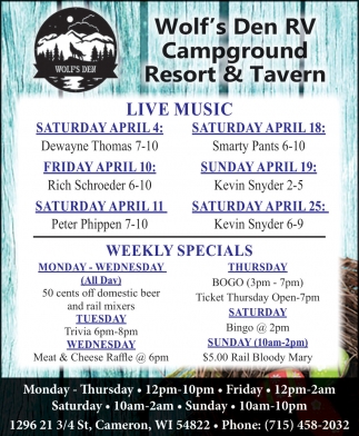 Live Music, Wolf's Den RV Campground, Cameron, WI