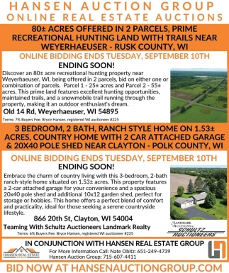 Online Real Estate Auctions, Hansen Auction Group, Downing, WI