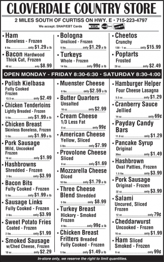 Weekly Sale, Cloverdale Country Store, Curtis, WI