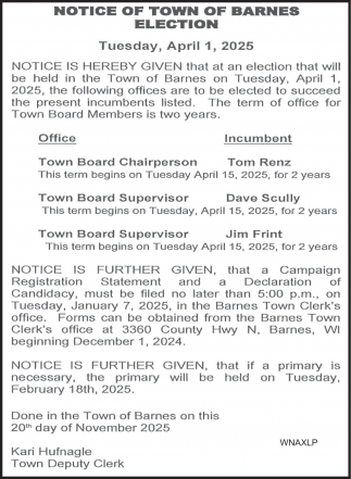 Notice, Town Of Barnes, WI