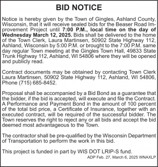 Bid Notice, Town Of Gingles, Ashland, WI